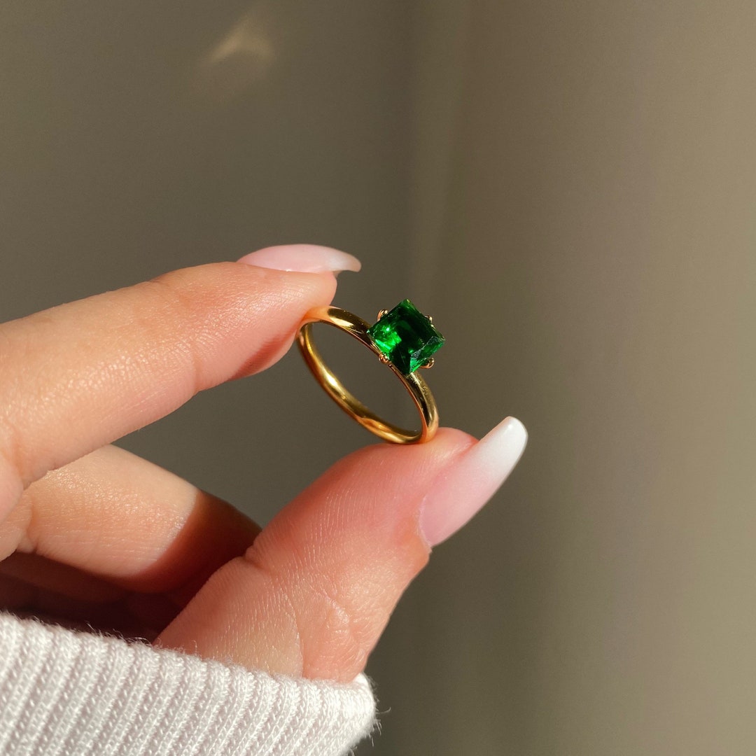 18K Gold Plated Emerald Ring, Princess Cut Engagement Ring, Solitaire ...