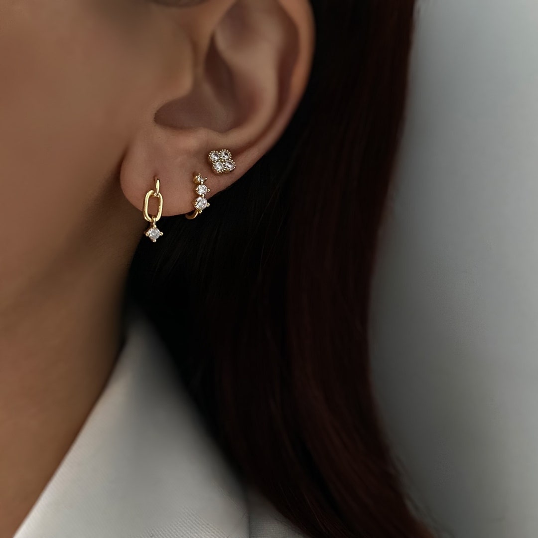 14K Gold Plated Zircon Stud Earrings Diamond Hoop Earrings Second Hole ...