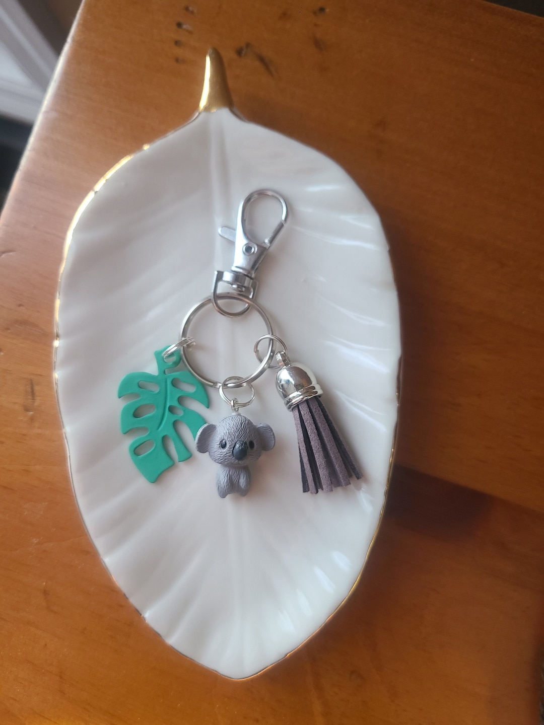 Koala Keychain: Gray Koala Bear Charm With Green Leaf & Tassel - Etsy