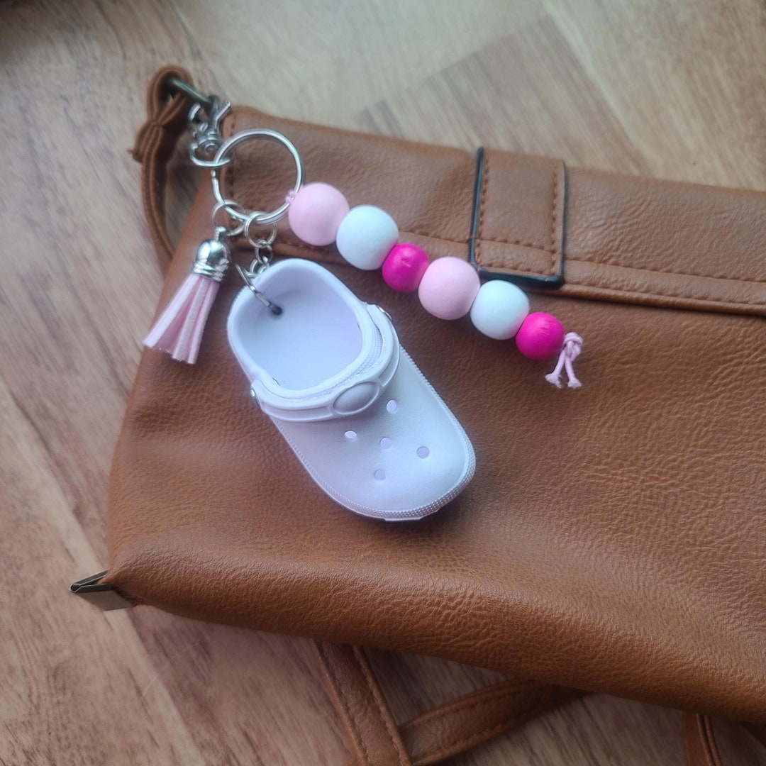 Croc Keychain: Pink Rubber Charm, Wooden Beads & Tassel - Etsy