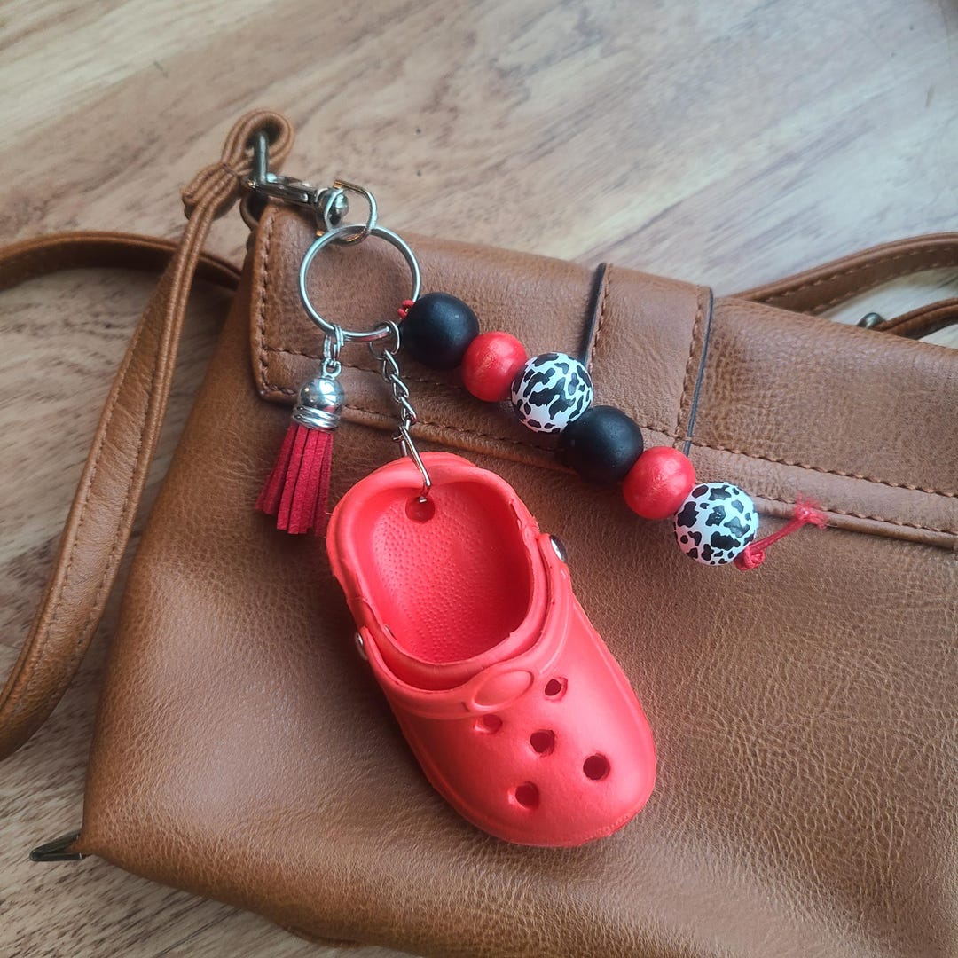 Red Croc Keychain: Rubber Charm, Wood Beads & Tassel - Etsy