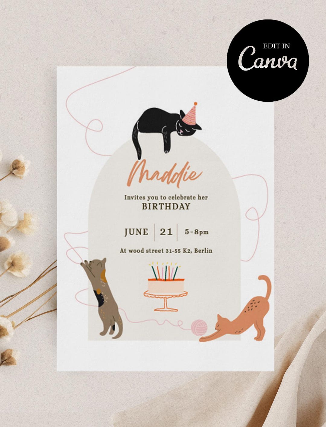 CAT Theme Birthday Invitation Editable, Invitation for Girls, Printable ...
