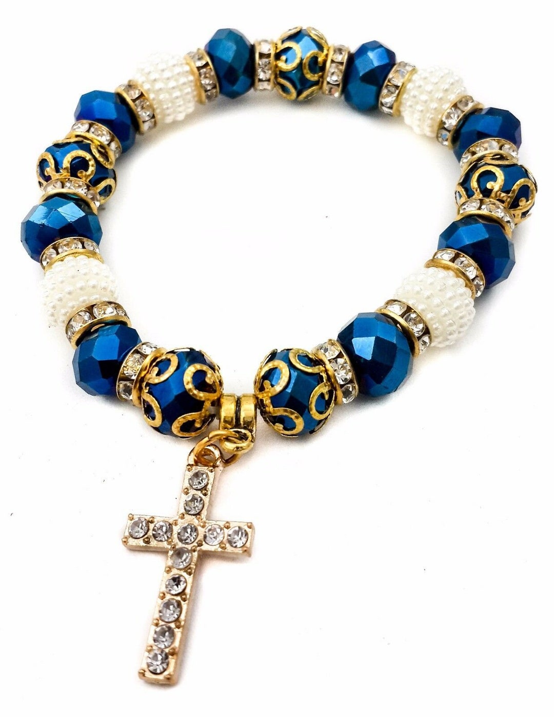 Christian Sea Blue Crystallized Glass Beads Bracelet Gold Tone Crucifix ...