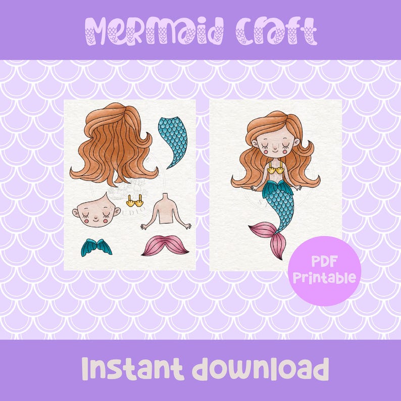 Mermaid Craft, Activity Kit, Paper Craft, Art Kit, Cut & Glue, Coloring ...