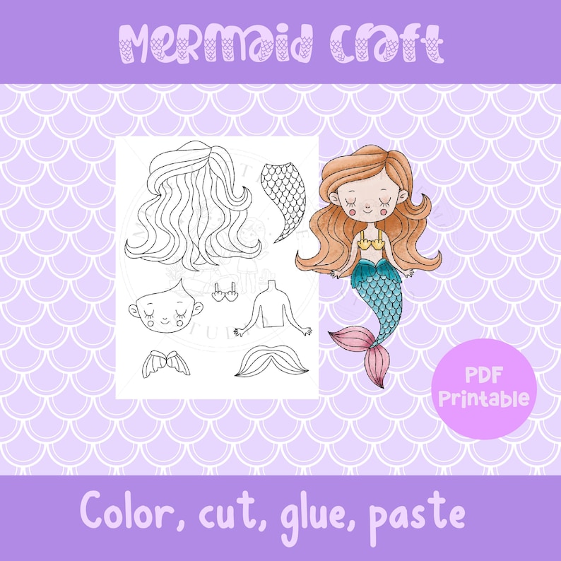 Mermaid Craft, Activity Kit, Paper Craft, Art Kit, Cut & Glue, Coloring ...