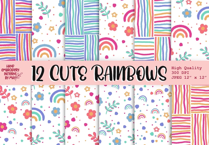 Cute Rainbow Doodles Digital Paper Printable Scrapbook Paper Floral ...
