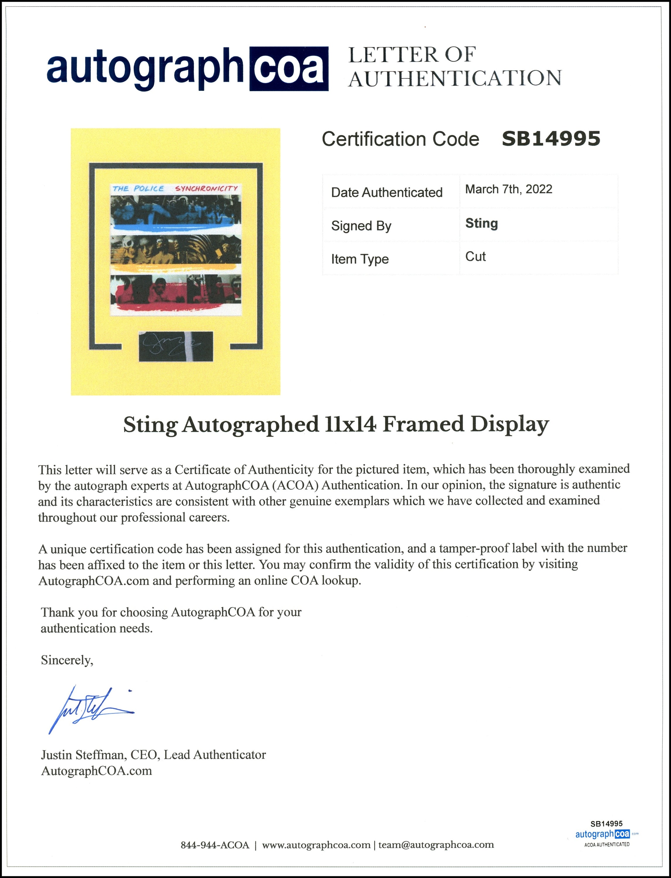 Sting "synchronicity" AUTOGRAPH Signed Custom Framed 11x14 Matted ...