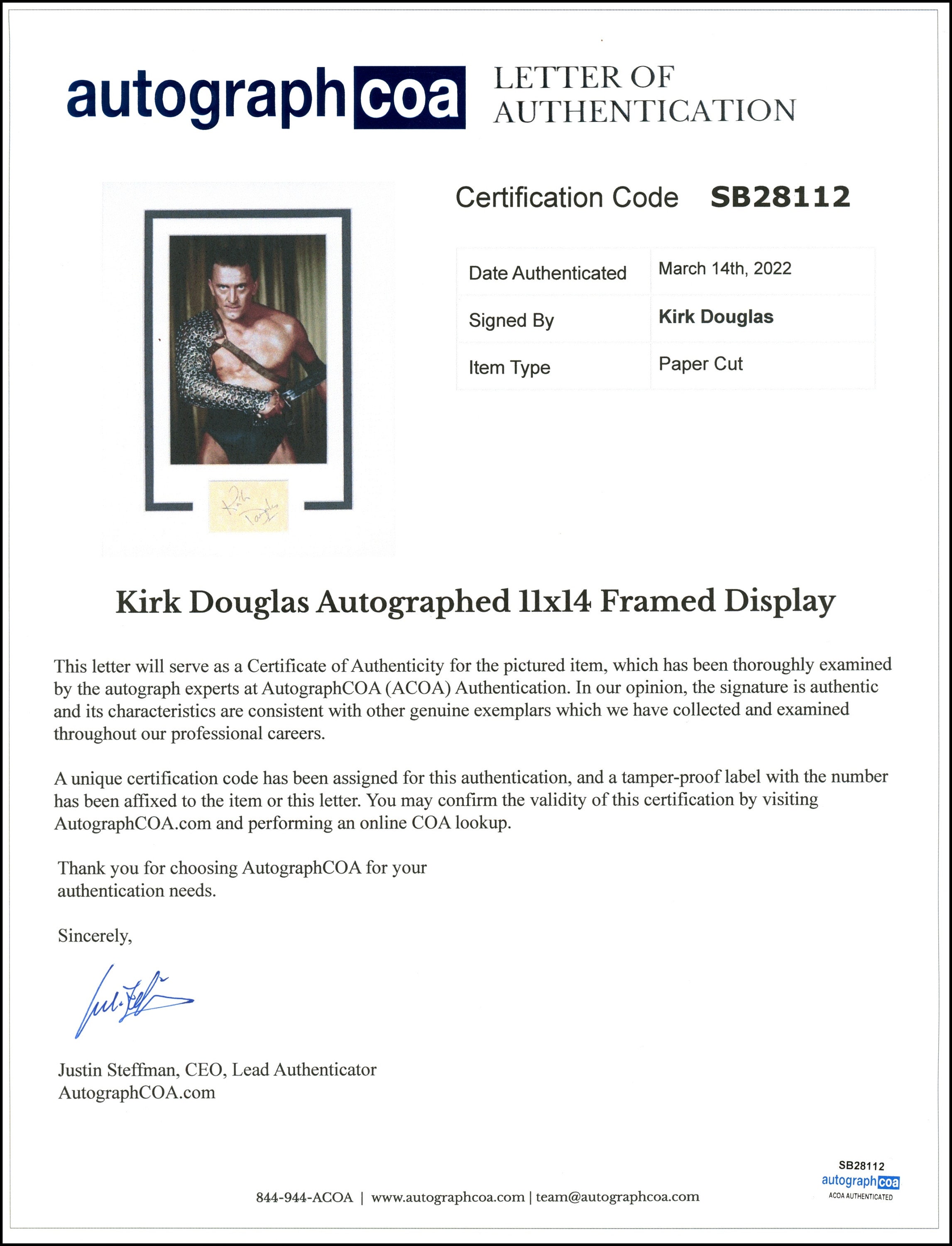 Kirk Douglas "spartacus" AUTOGRAPH Signed Photo Framed 11x14 Display - Etsy