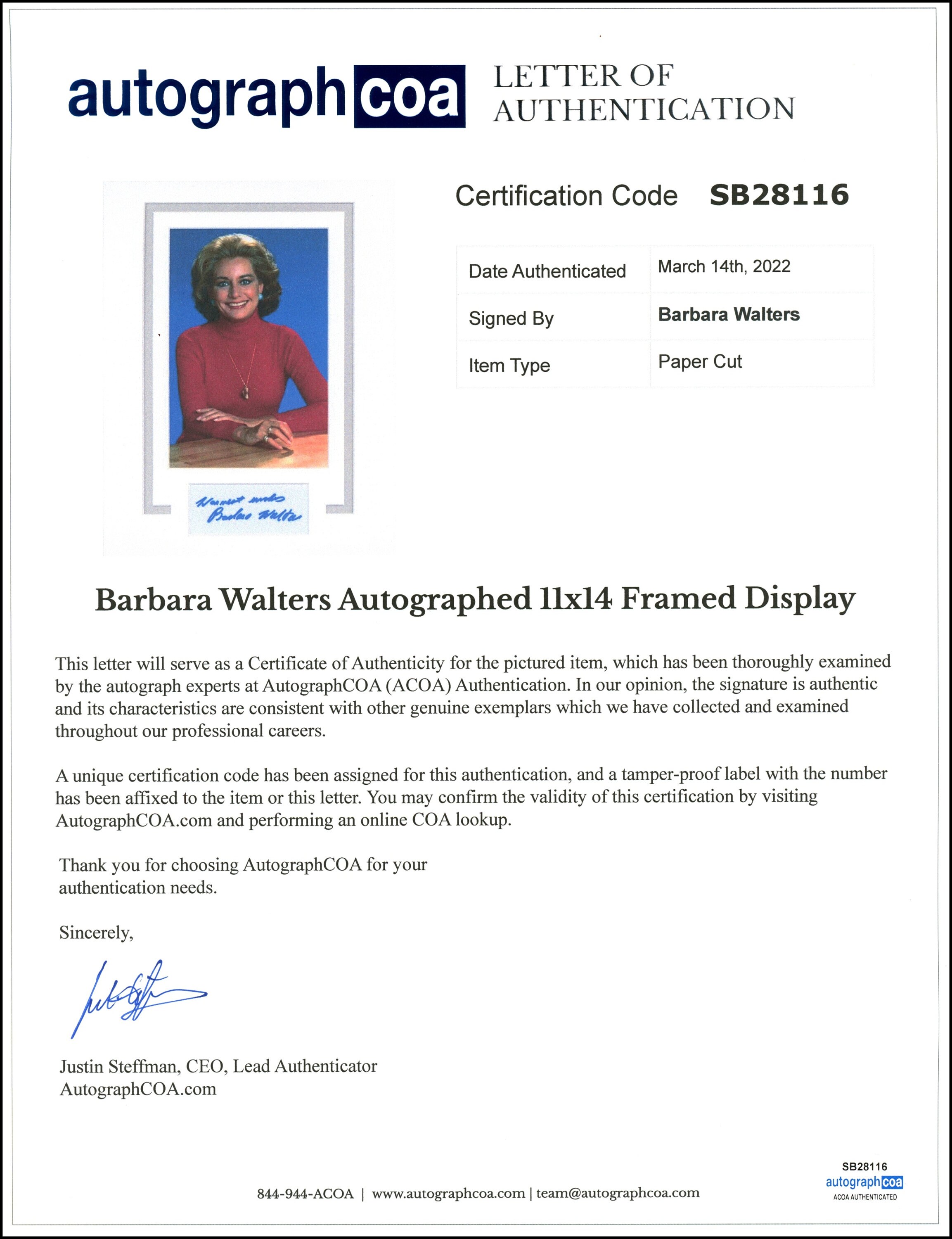 Barbara Walters "20/20" AUTOGRAPH Signed Photo Custom Framed 11x14 ...