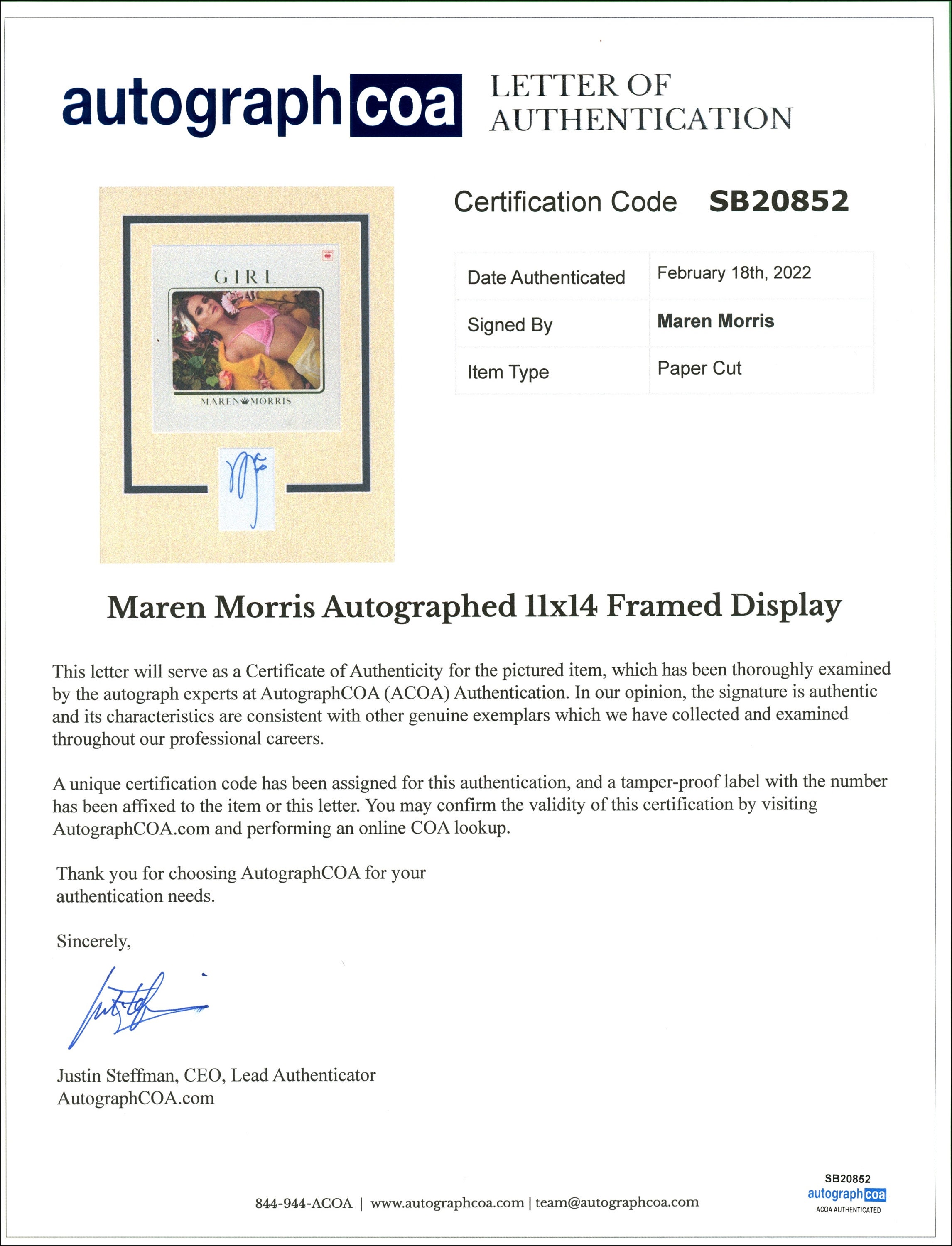 Maren Morris "girl" AUTOGRAPH Signed Custom Matted 11x14 Framed Display ...