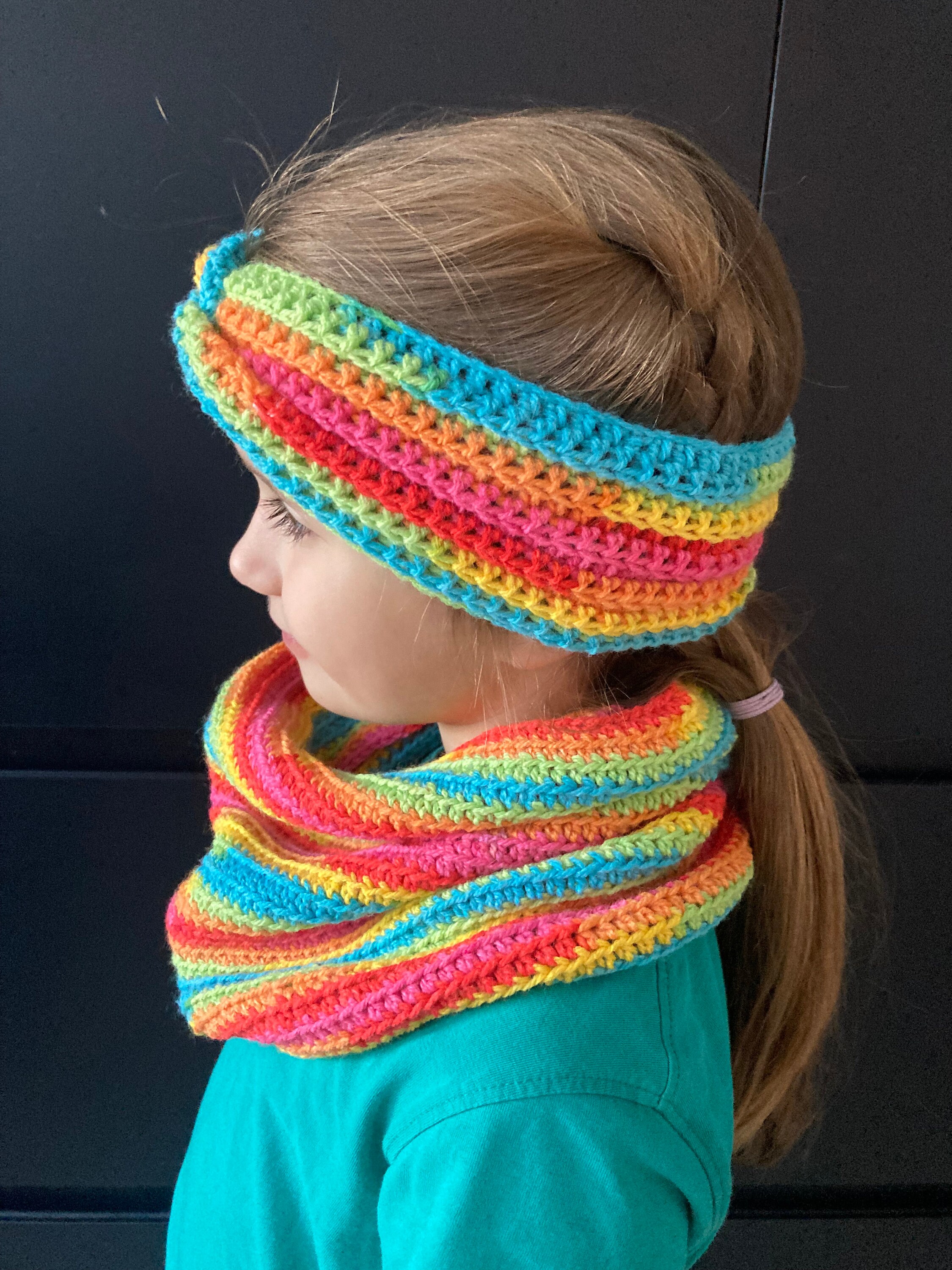 Girls Pink and White Snood Cowl With Headband Earwarmer, Kids Pink Headband and Snood, Child ...