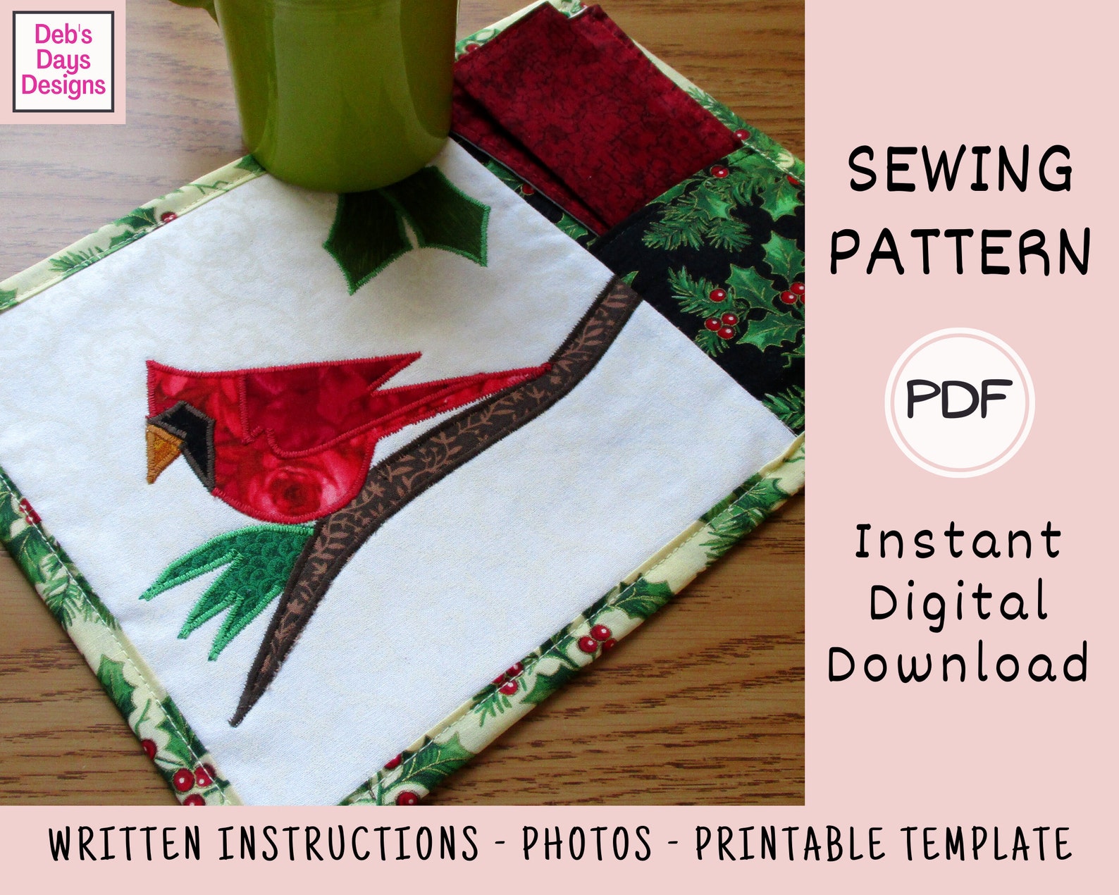 Cardinal Mug Rug PDF SEWING PATTERN Instant Digital Download - Etsy