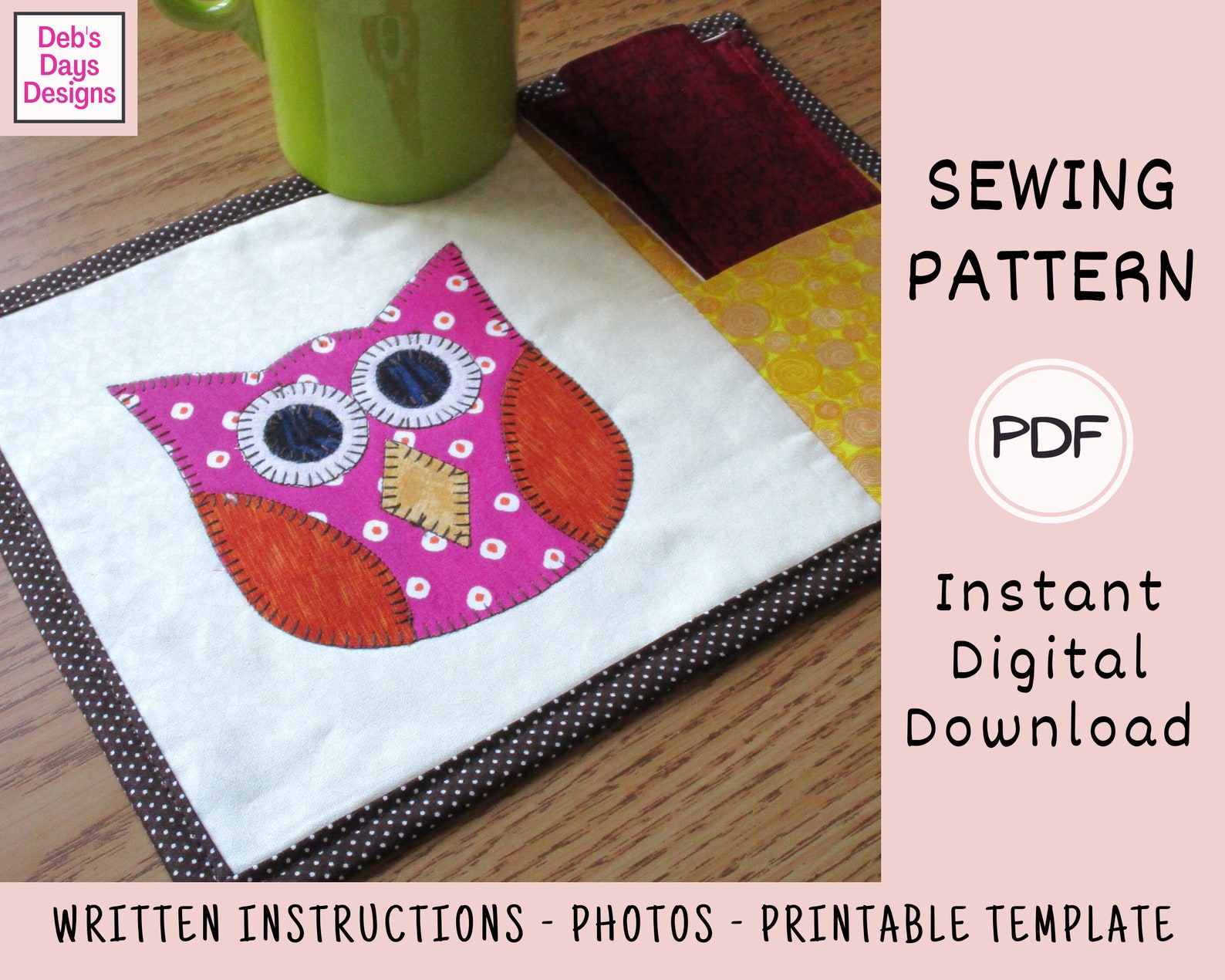 Owl Mug Rug PDF SEWING PATTERN Digital Download Appliquéd - Etsy
