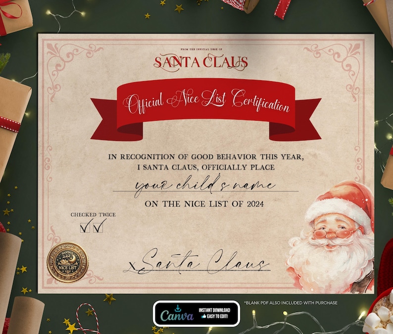 Official Santa's Nice List Certificate - Customizable Canva Template ...