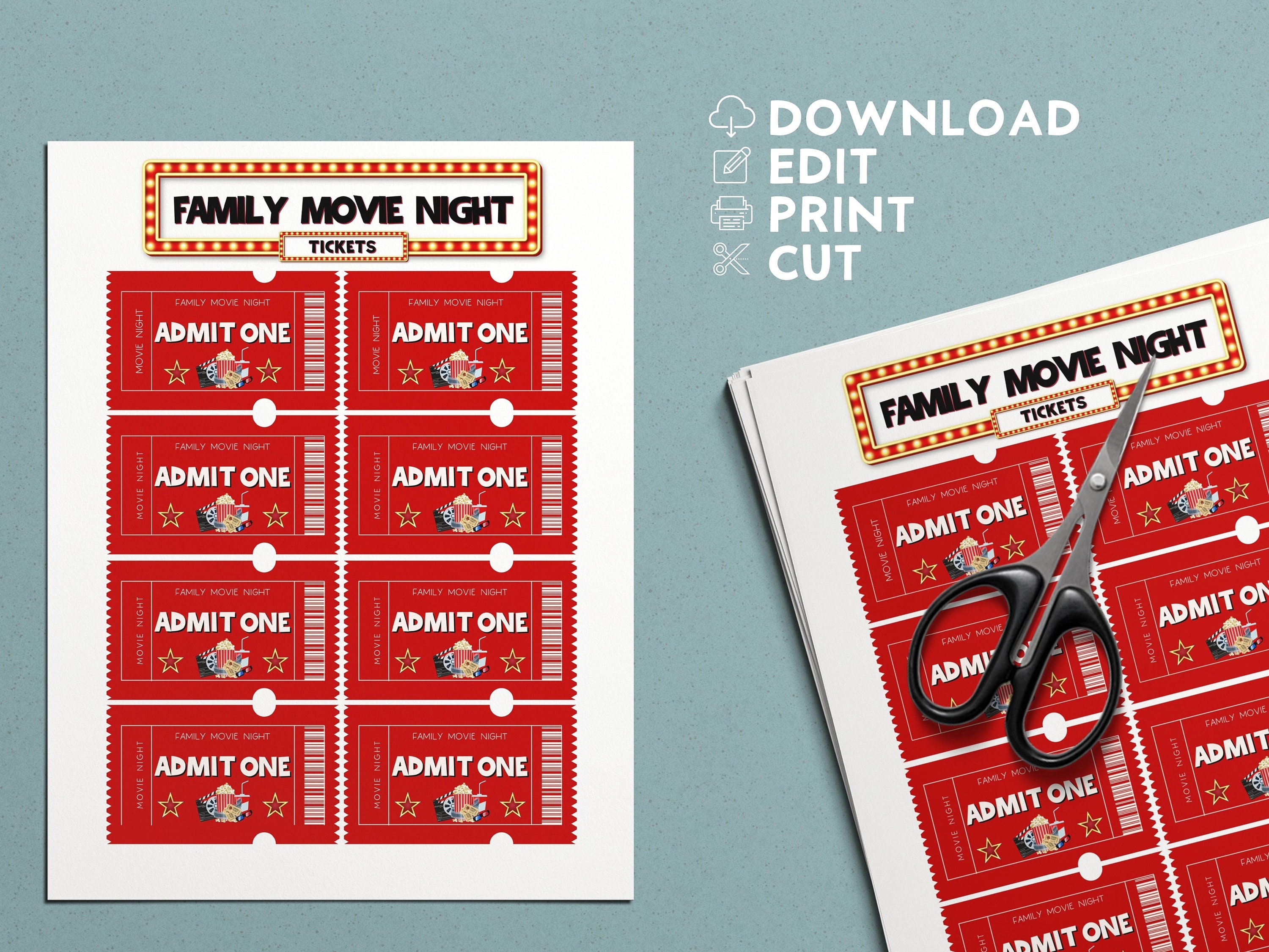 Printable Movie Night Admission Tickets, Movie Night Party, Family ...