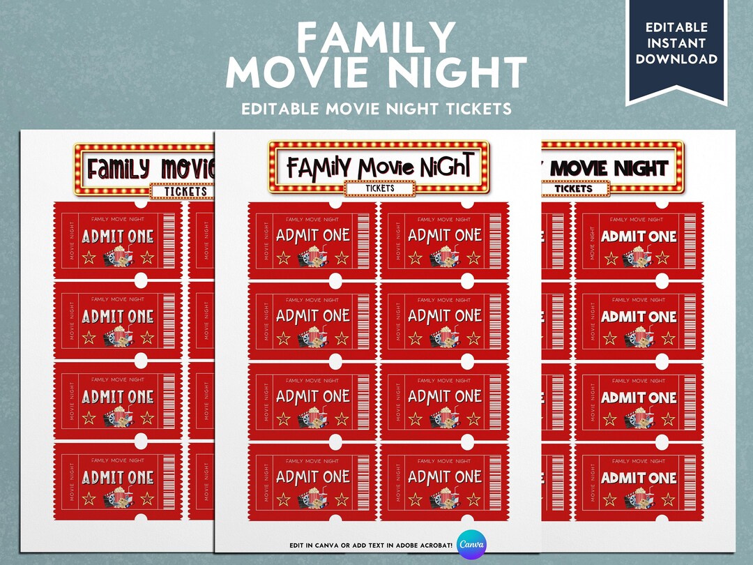 Printable Movie Night Admission Tickets, Movie Night Party, Family ...
