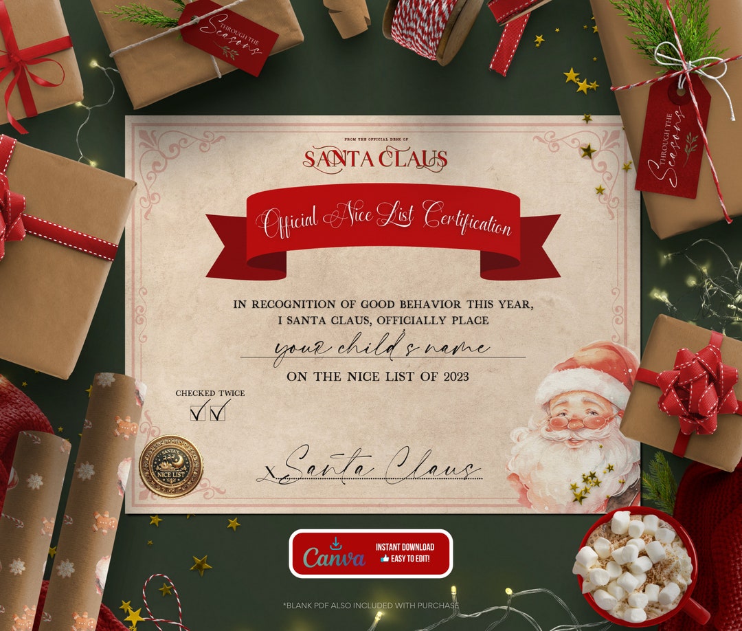 Official Santa's Nice List Certificate Customizable Canva Template ...