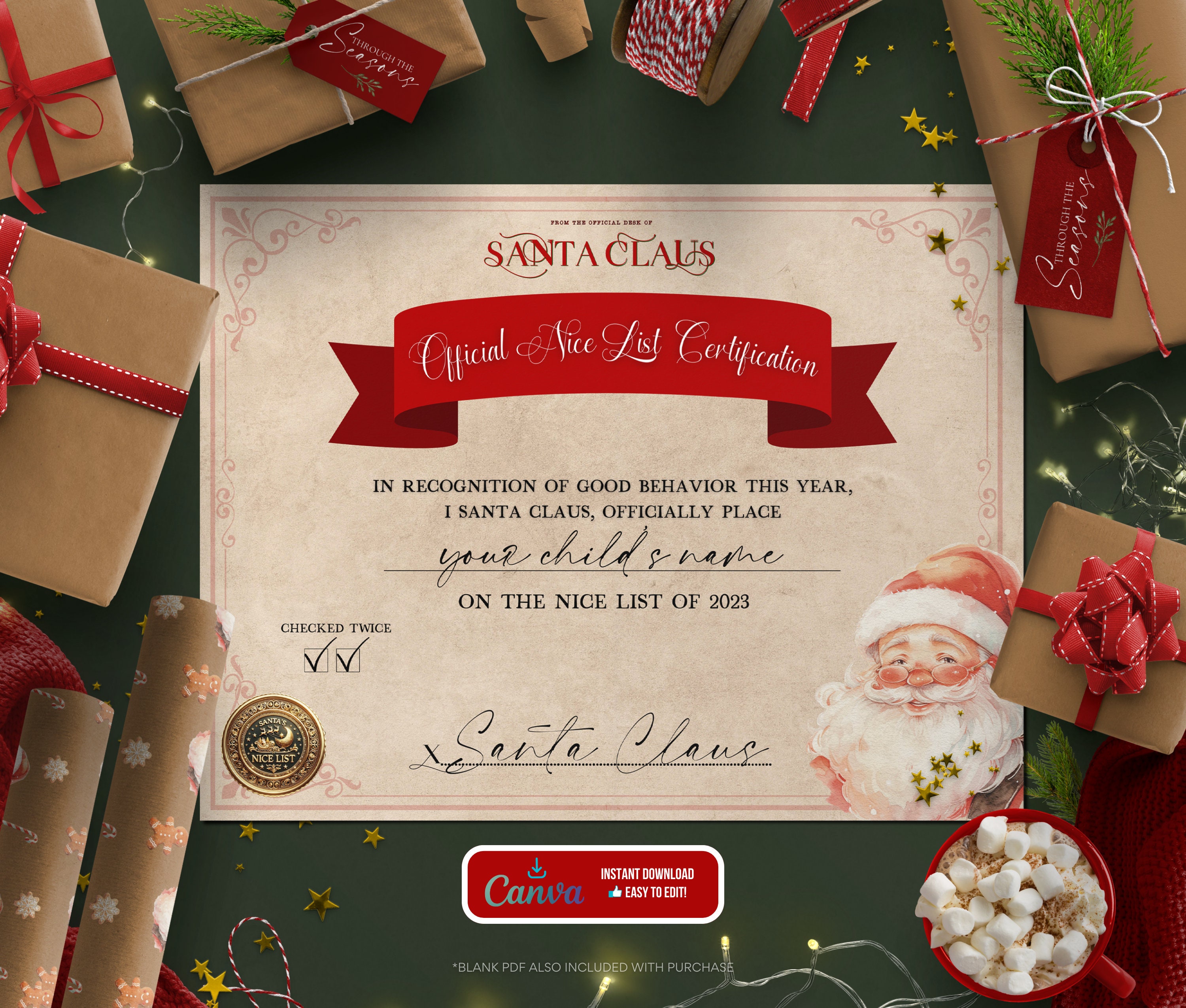 Official Santa's Nice List Certificate Customizable Canva Template ...