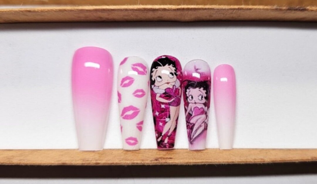 Betty Boop Ombre Press on Nails/fake Nails/ombre Press on Nails/betty Boop Gel X Nails/pink and ...