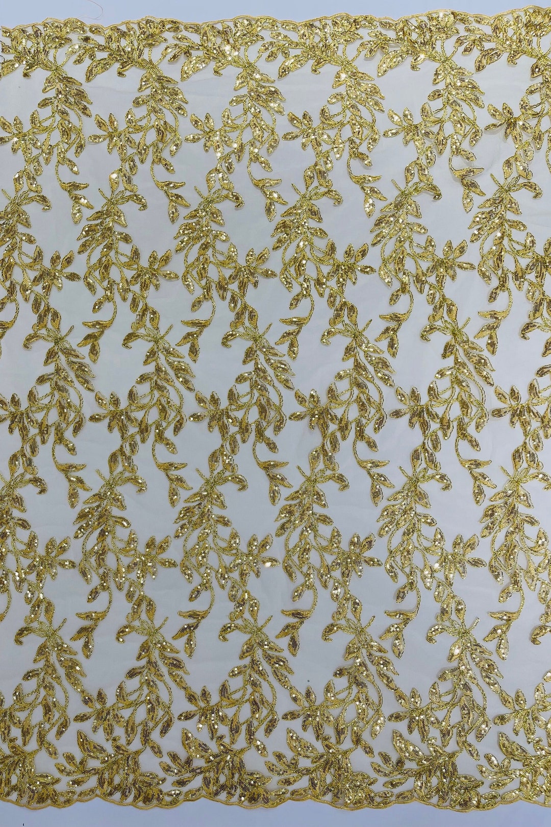 Gold Metallic Thread Leaf Design Embroidered With Sequins on a Mesh ...