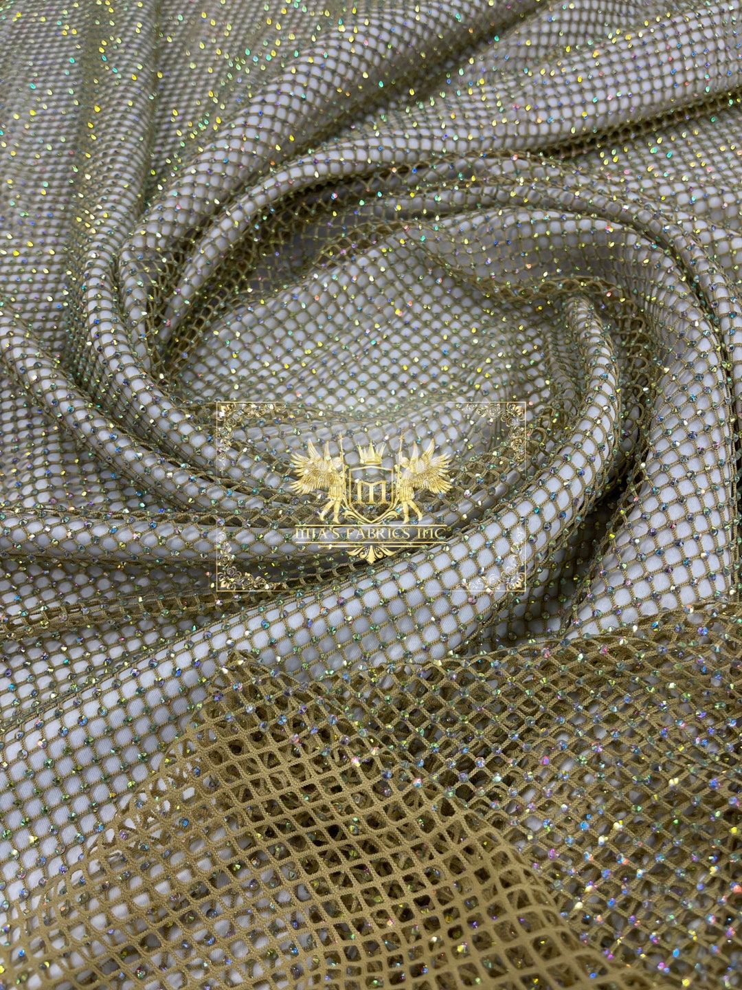 Iridescent Rhinestones Fabric on Gold Stretch Net Fabric, Spandex Fish ...
