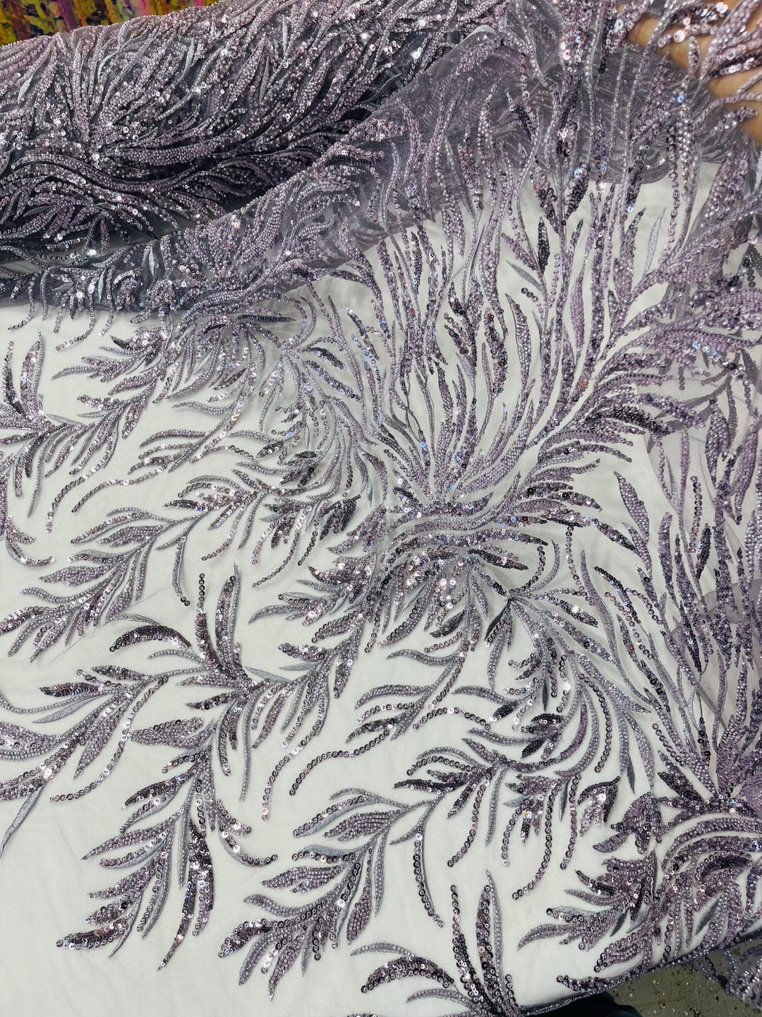 Dark Lilac Beaded Fabric by the Yard, Bridal Beaded, Damask Pattern ...