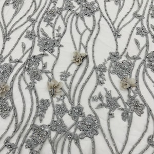 Silver Embroidery Beaded Fabric With 3D Flower Sequin on a Mesh, Beaded ...
