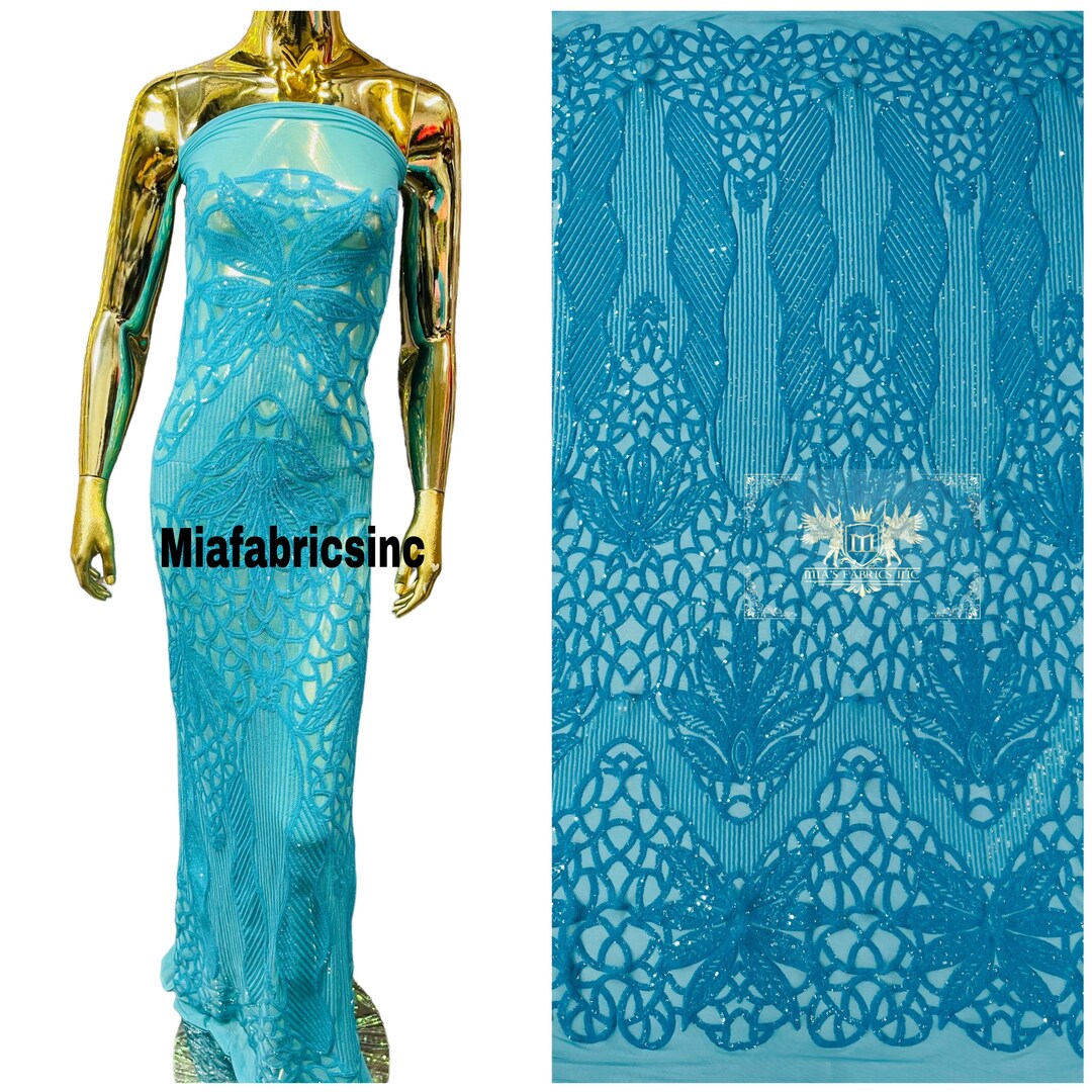 Turquoise Sequin Fabric Floral Damask Design on a 4 Way Stretch Sequins ...