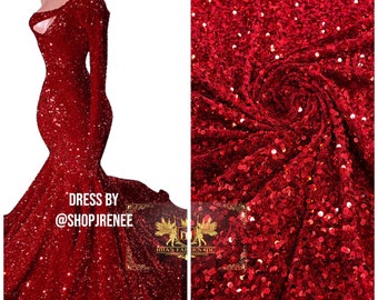 Red Sequin Velvet Fabric Red on Stretch Velvet by the Yard All Over 5mm ...