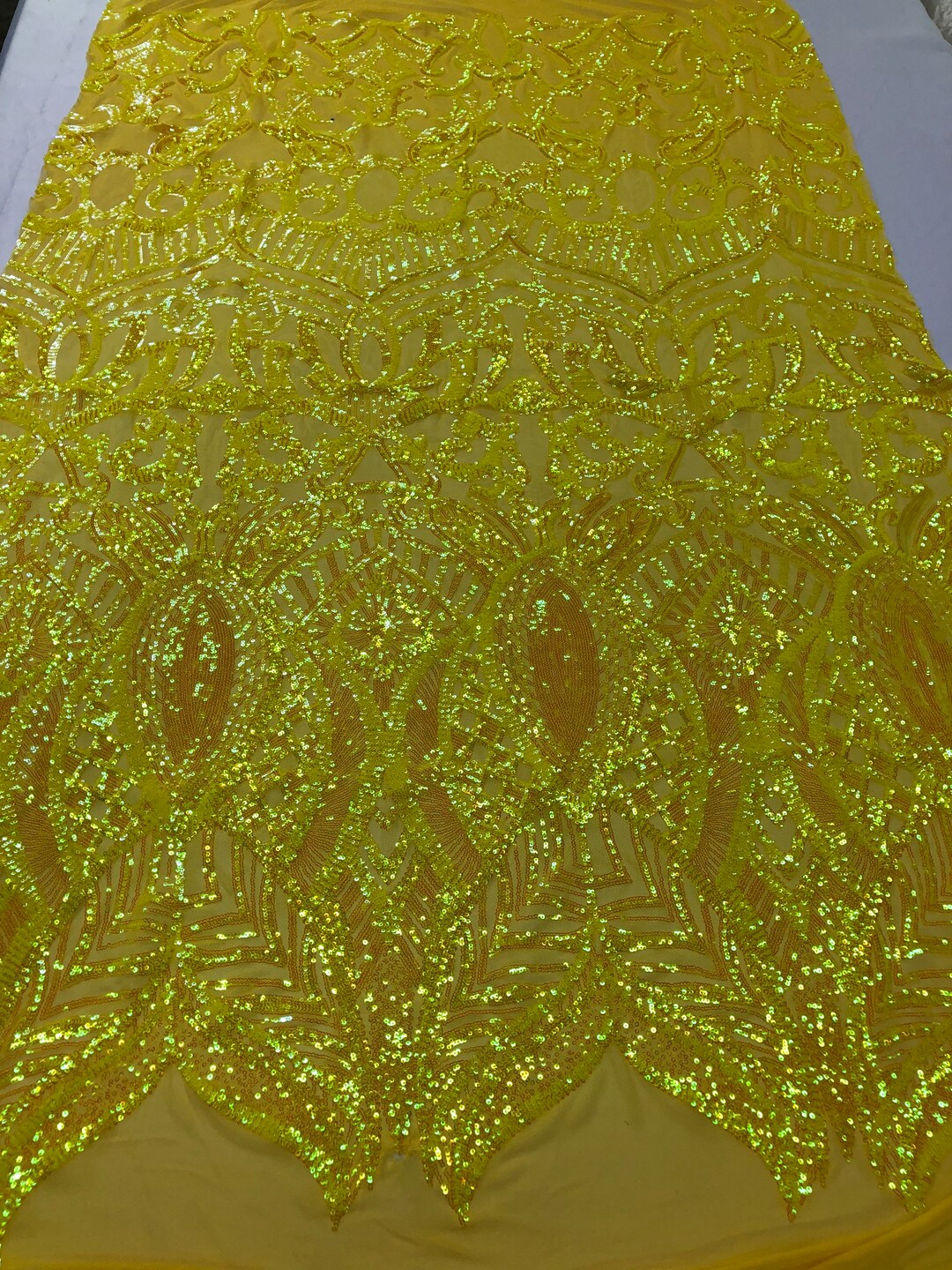 Iridescent Yellow Sequins Lace Fabric on a Mesh, Royalty Design ...