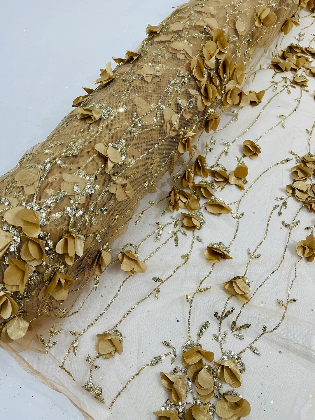 Champagne Glitter Tulle Fabric: 3D Flower Sequin Lace, Wedding Dress ...