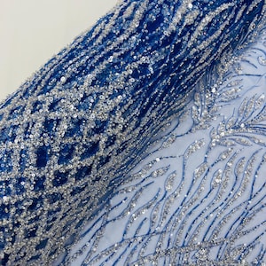 Royal Blue Beaded Fabric by the Yard, Bridal Heavy Beaded, Damask ...
