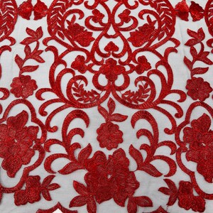 Red Damask Embroidered Floral Lace Fabric, Bridal Wedding Dress Lace ...