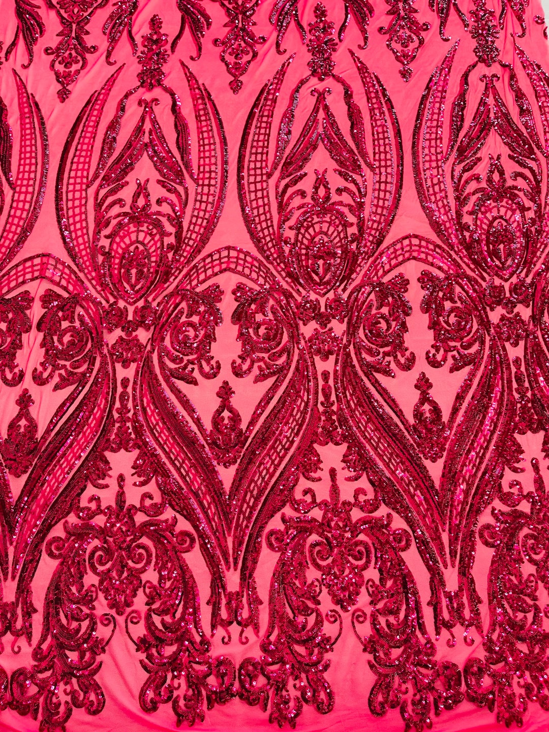 Fuchsia Sequins Fabric Sold by the Yard - on a Mesh - Damask Design 4 ...