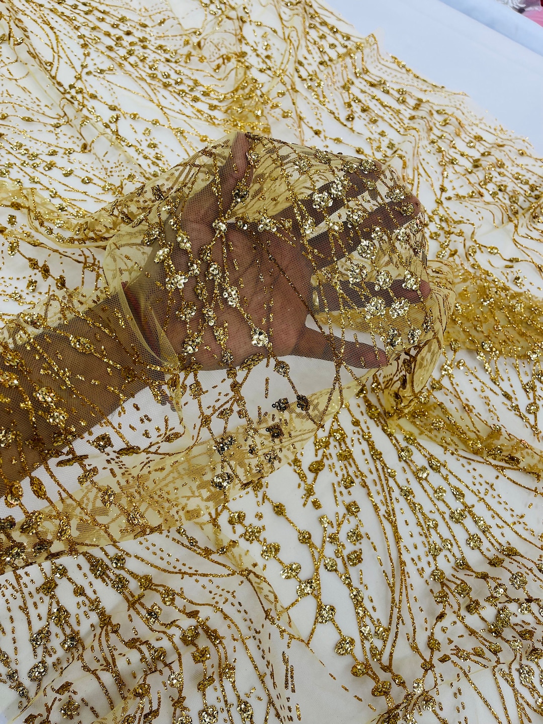 Gold Glitter on Mesh Lace Fabric by the Yard for Wedding Decor - Bridal ...