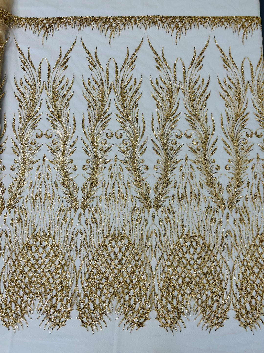 Gold Beaded Damask Fabric: Bridal Appliqué Lace by the Yard - Etsy