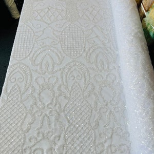 White Beaded Fabric by the Yard, Bridal Wedding Beaded, Damask Pattern ...