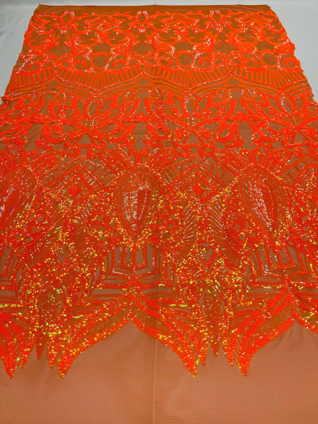 New Iridescent Neon Orange Sequins on Mesh, Royalty Design on a Mesh ...