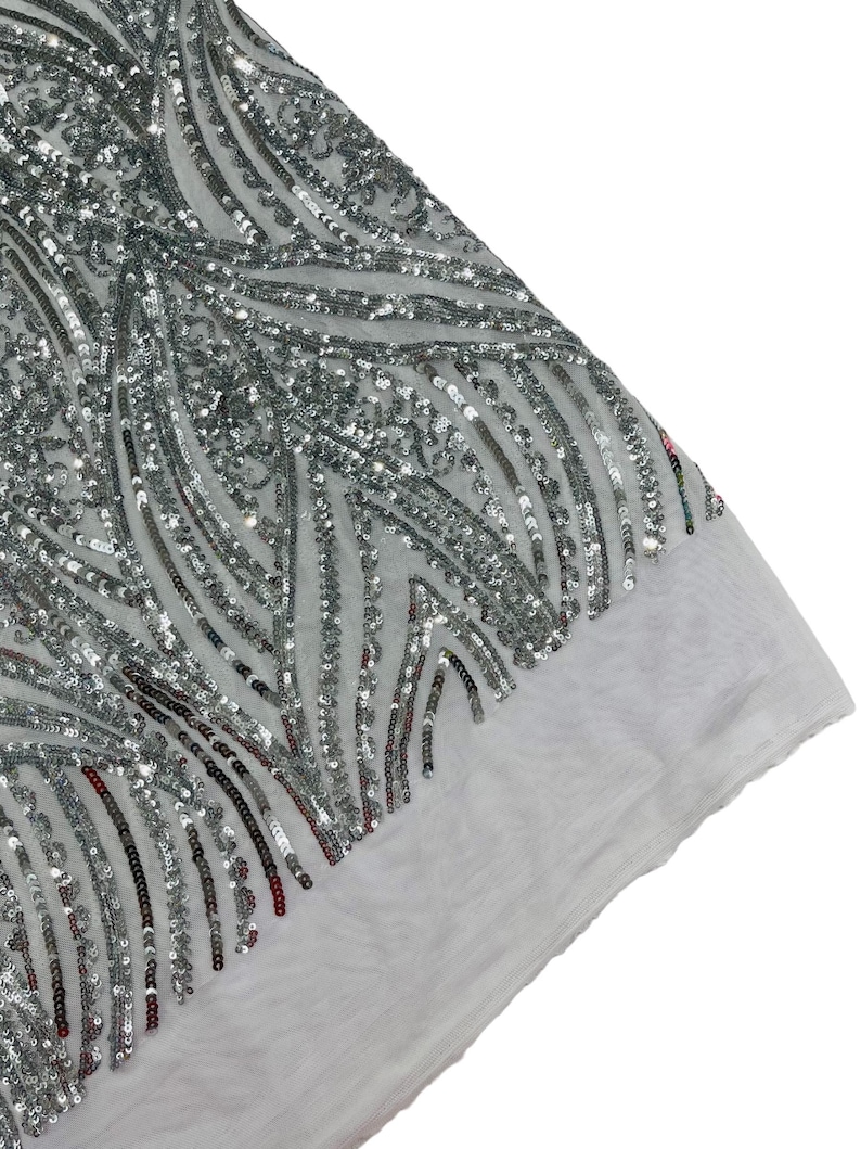 Silver Sequins Fabric: 4-way Stretch Embroidered Damask Lace - Etsy