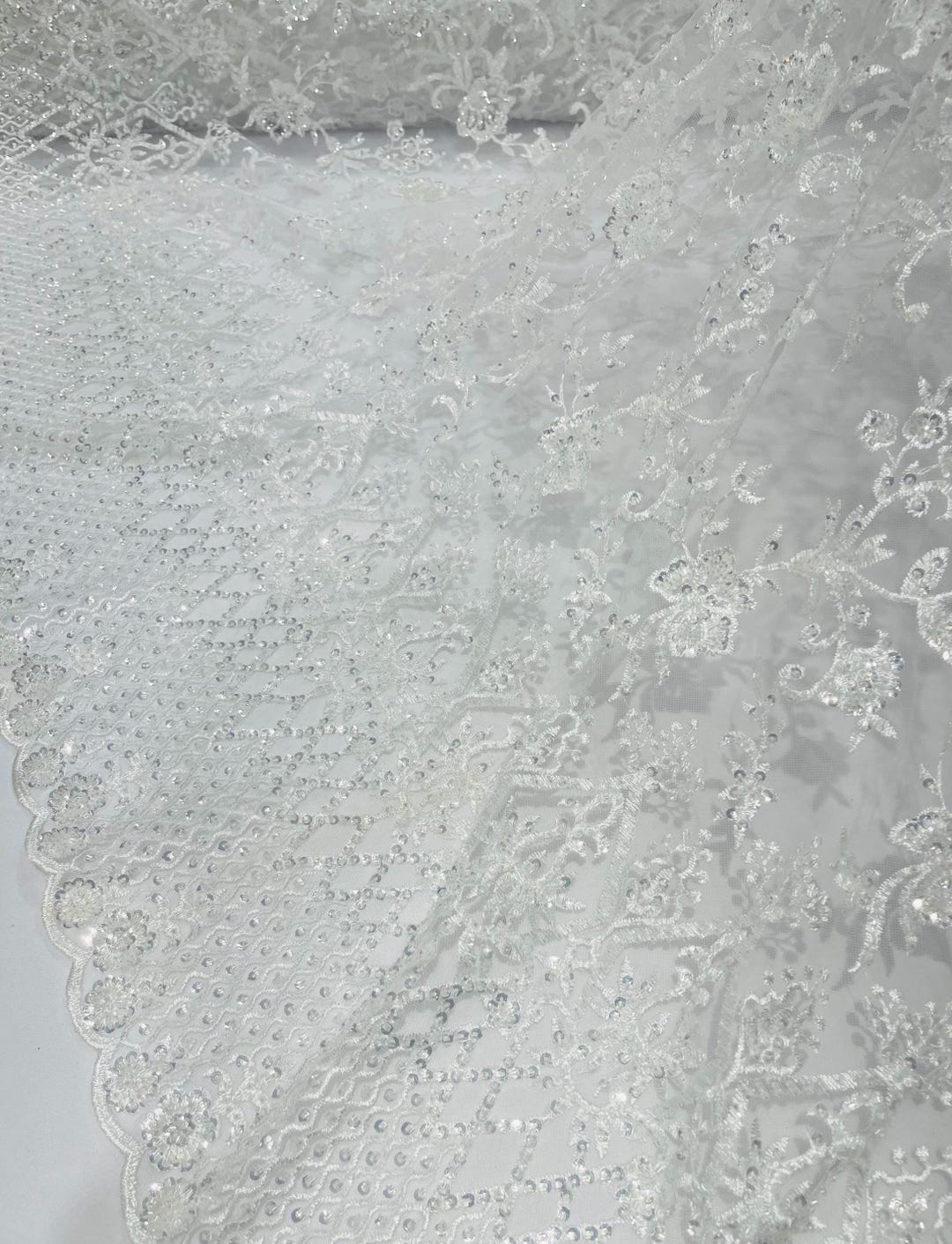 White Beaded Sequined Lace Fabric: Embroidered Mesh, Bridal Wedding ...