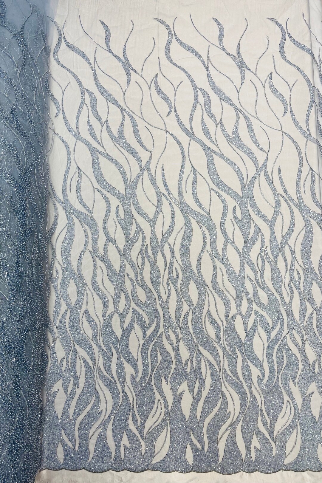 Baby Blue Flame Beaded Fabric | by the Yard | Bridal Wedding Beaded ...