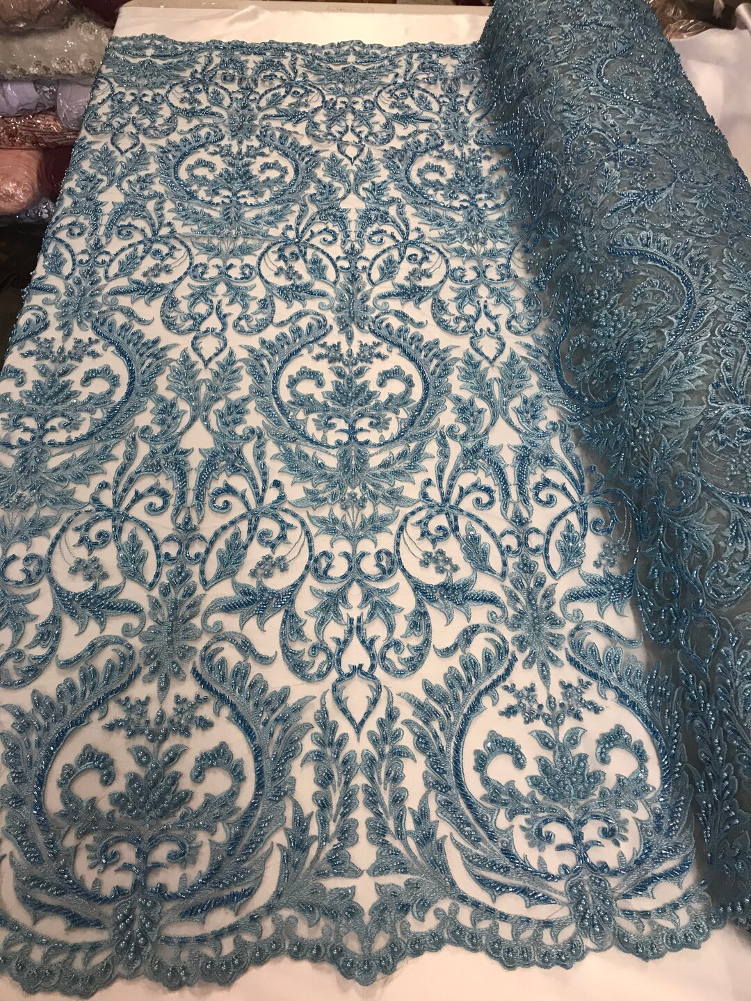 Baby Blue Beaded Fabric - by the Yard - Embroidered Damask Pattern With ...