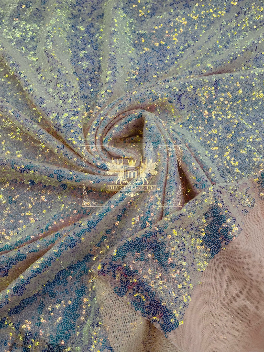 Clear Iridescent Mini Glitz Sequins on Light Pink Mesh 4 Way Stretch ...