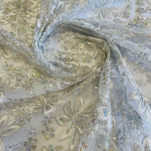 Silver Holographic With Metallic Thread Flower Design Embroidered With ...
