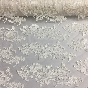 Ivory Floral Embroidered Mesh Lace Fabric, Scalloped Bridal Wedding ...
