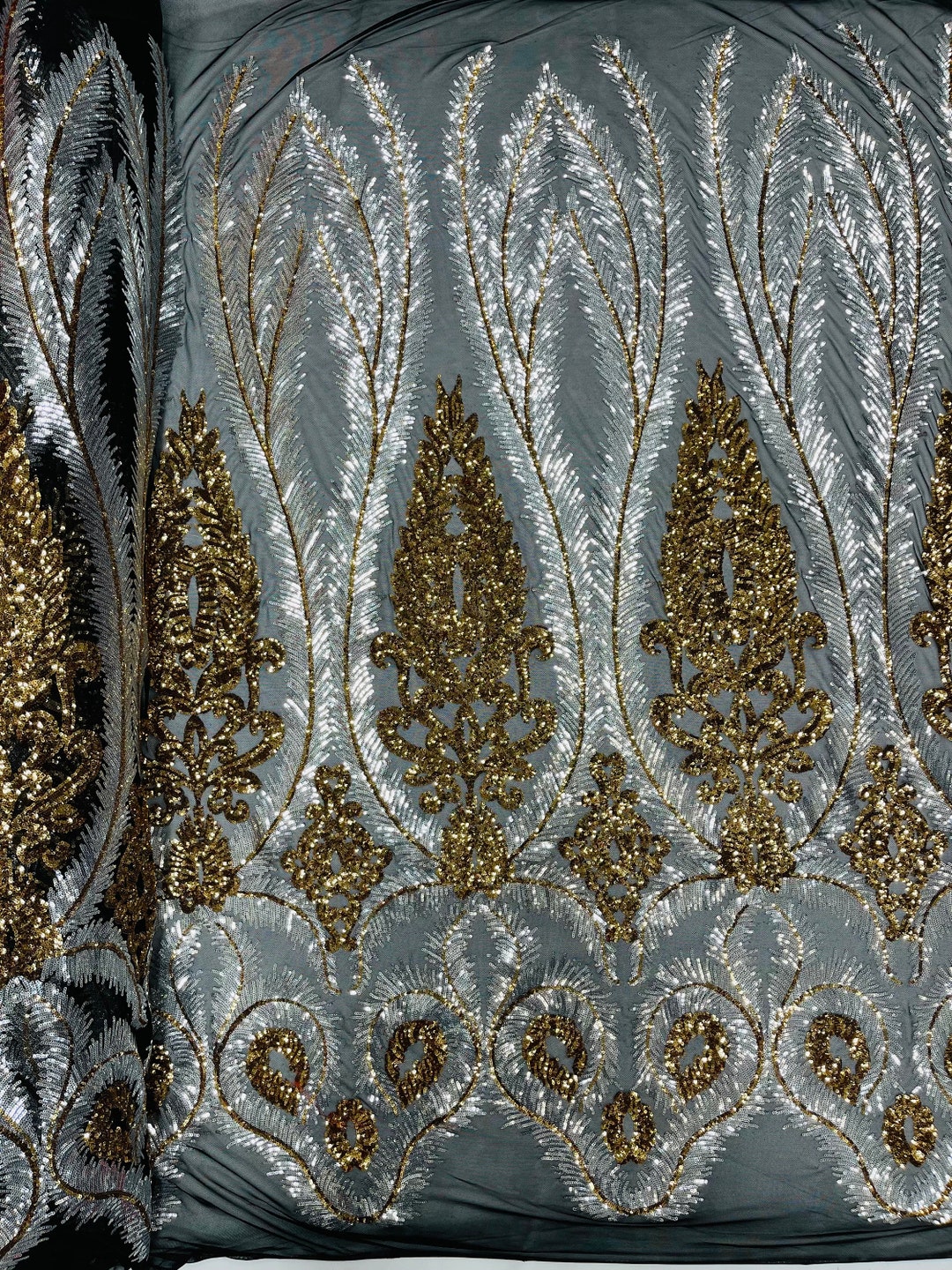 Damask Palm Leaf Sequin Fabric: Gold/silver on Black Mesh, 4-way ...