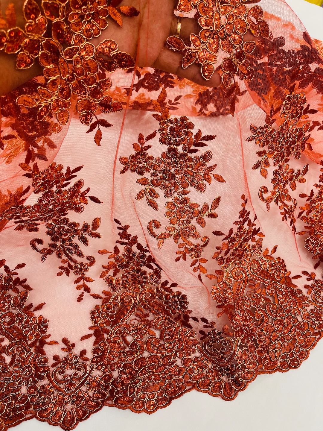 Metallic Rust Corded Embroider With Sequins on a Mesh Lace Fabric ...