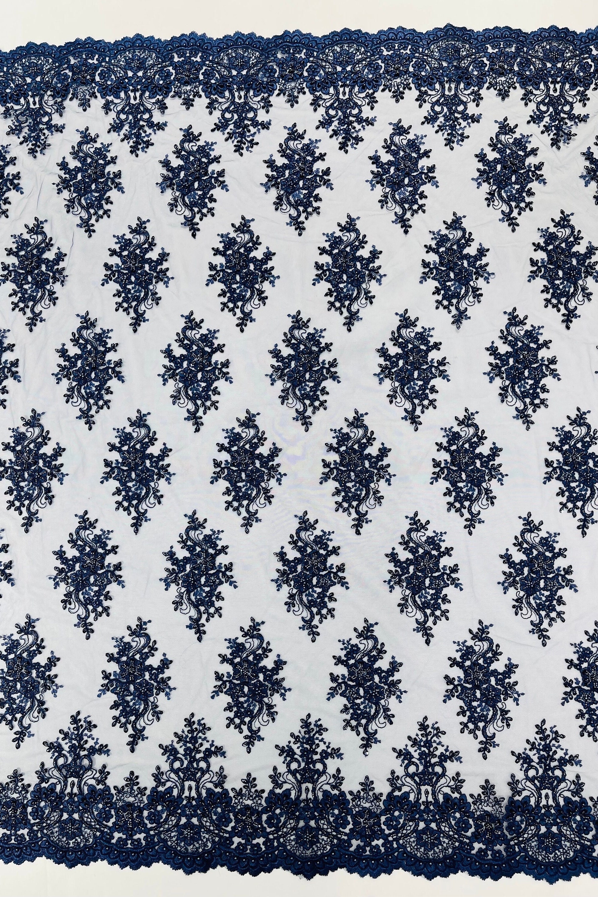 Isabela Desing Navy Blue Embroidery Beaded Fabric With Sequin on a Mesh ...