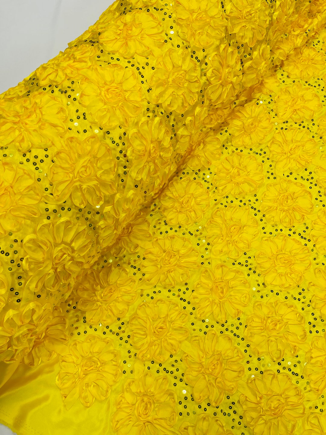 Alicia Yellow 3D Floral Polyester Satin Rosette With Sequins Fabric by ...