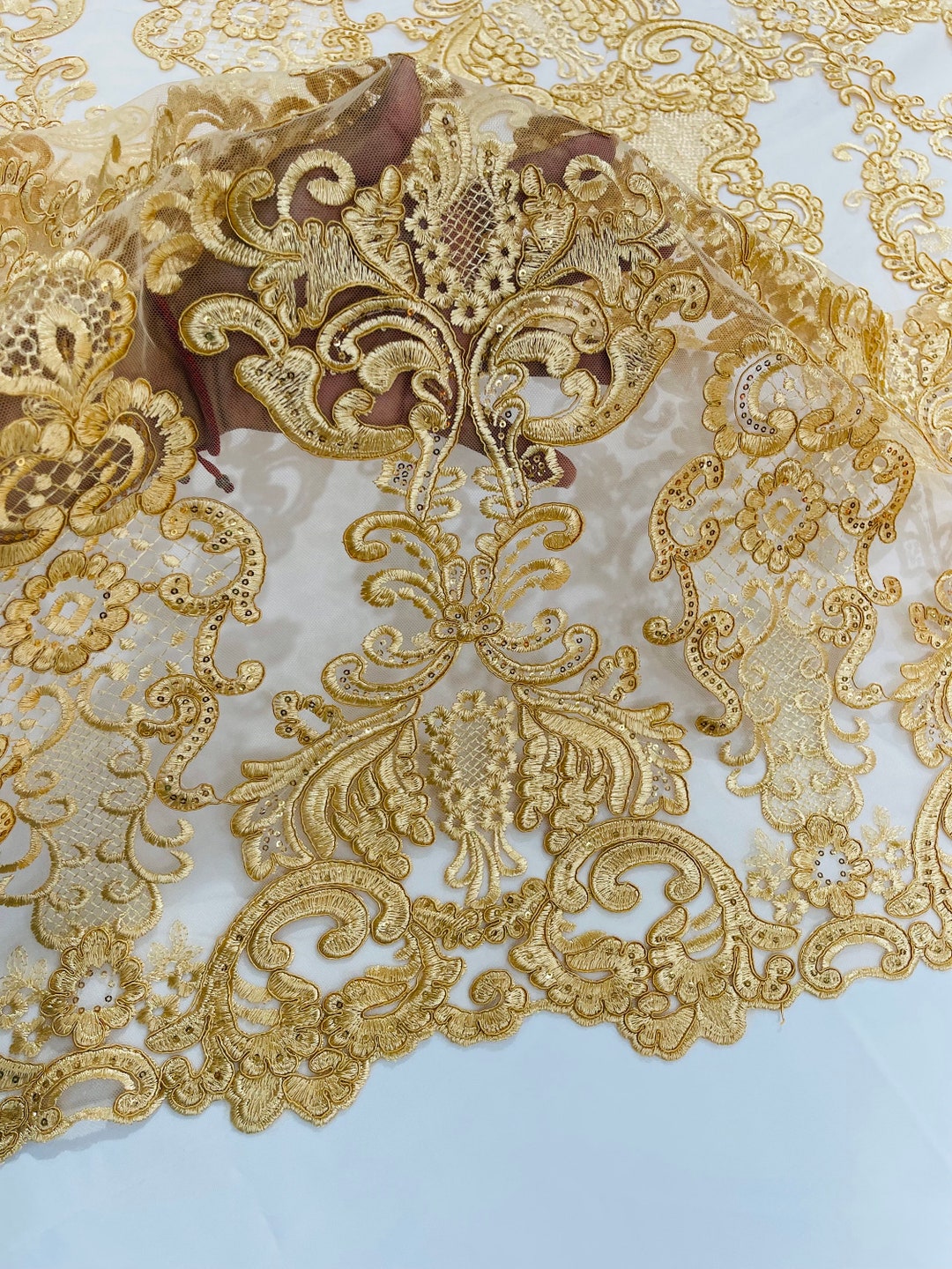 Gold King Lace Fabric, Corded Flower Embroidery With Sequins on a Mesh ...
